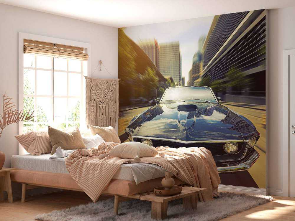 Donkerblauwe Amerikaanse muscle car fotobehang - Fotobehang.nl